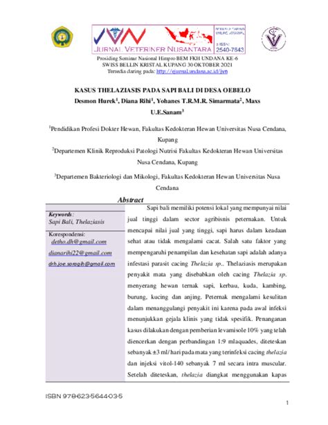 Pdf Kasus Thelaziasis Pada Sapi Bali Di Desa Oebelo
