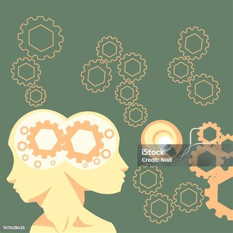 기술 아이디어를 보여주는 톱니바퀴가있는 두 개의 머리 두뇌 기호의 기어는 기계 및 기술 아이디어를 표시하는 디자인입니다 개념에