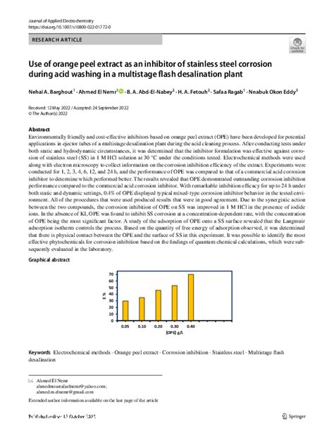 Pdf Use Of Orange Peel Extract As An Inhibitor Of Stainless Steel Corrosion During Acid