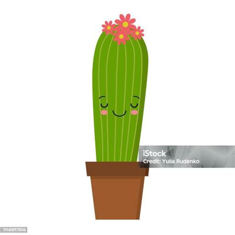 꽃과 귀여운 얼굴을 가진 만화 선인장 캐릭터 귀여운 화분에 심는 식물 벡터 일러스트입니다 가시에 대한 스톡 벡터 아트 및 기타 이미지 Istock