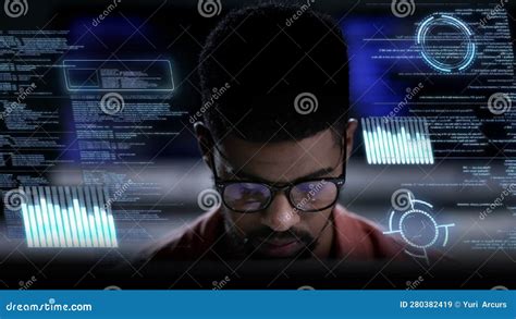 Hologram, Man and Programmer with Focus, Computer Coding and Digital Software in the Workplace ...
