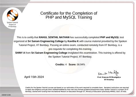 Php Mysql Webdevelopment Spokentutorial Iitbombay Certificate