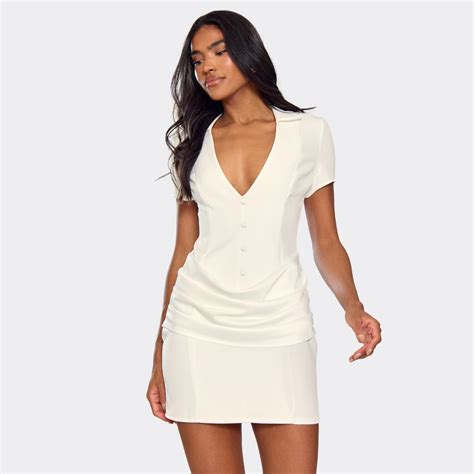 White Short Sleeve Blazer Dress With A Plunge Neck Ego