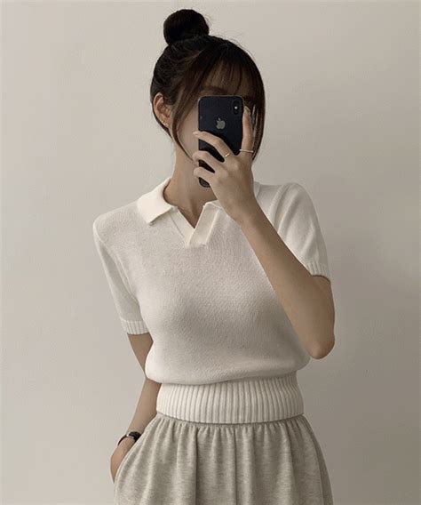 [코튼100 허리잘록] 바니 면 카라 데일리 봄 세미 크롭 여름 반팔 니트 5color 에이블리