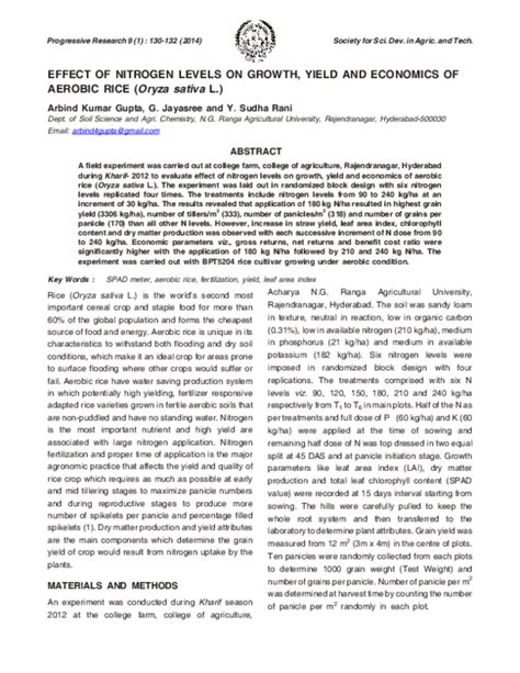 Pdf Effect Of Nitro Gen Levels On Growth Yield And Economics Of Aerobic Rice Oryza Sativa L