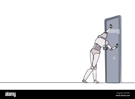 Single One Line Drawing Robot Standing And Pushing Closed Door Future
