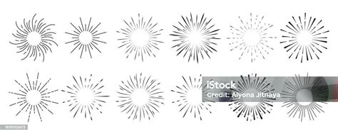불꽃 놀이 광선 햇살 프레임 원형 테두리 장식 낙서 스타일의 반짝임 흰색 배경에 고립 된 라인 스케치 폭발을 설정합니다 벡터 일러스트 레이 션 공휴일에 대한 스톡 벡터 아트