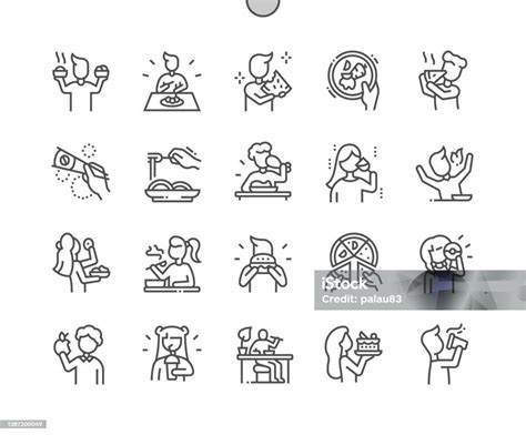 음식을 먹는다 먹는 사람들 와인을 마십니다 카페와 레스토랑 픽셀 완벽한 벡터 얇은 선 아이콘 간단한 최소 그림 아이콘에 대한 스톡 벡터 아트 및 기타 이미지 Istock