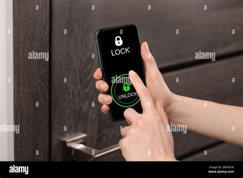 Woman Unlocking Door Using Mobile Phone Closeup Illustration Of Closed And Open Padlocks On