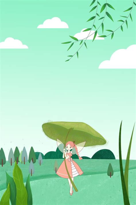 녹색 로터스 리프 소녀 100 주년 플랫 일러스트 바람 최소한의 배경 녹색 신선한 만화 손으로 그린 일러스트 레이터 배경 스타일 간결한 상쾌 배경 일러스트 및 사진