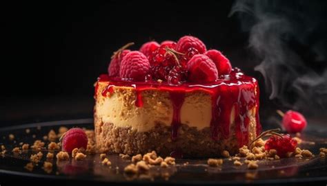 Premium Ai Image Indulgent Homemade Cheesecake With Raspberry Sauce And Dark Chocolate Drizzle