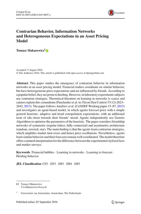 Pdf Contrarian Behavior Information Networks And Heterogeneous Expectations In An Asset