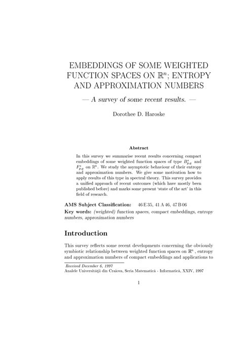 Pdf Embeddings Of Some Weighted Function Spaces On ℝn Entropy And Approximation Numbers A