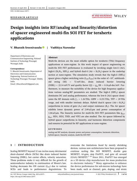 Pdf Design Insights Into Rf Analog And Linearity Distortion Of Spacer Engineered Multi‐fin