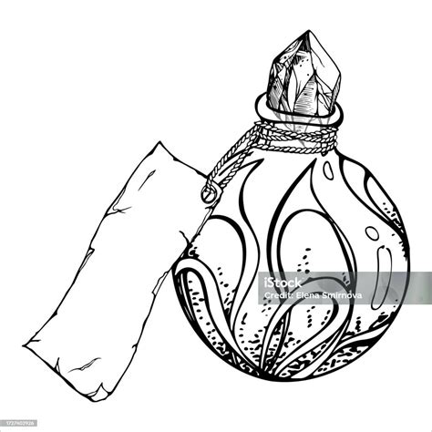 물약 종이 태그를 위한 손으로 그린 잉크 벡터 바이알 병 스케치 일러스트레이션 예술 요술 의학 화학 연금술 격리된 개체 개요