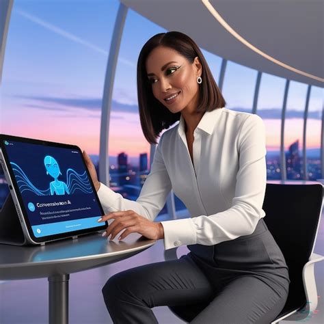 Mujer de negocios que utiliza chatbot en la inteligencia de la tableta ...