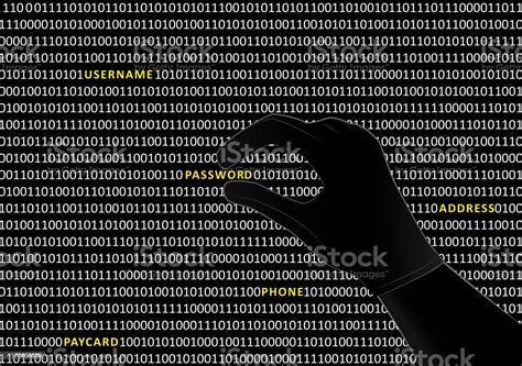 Gloved Hacker Hand Takes The Word Password From Binary Code On Black Screen Horizontal Vector