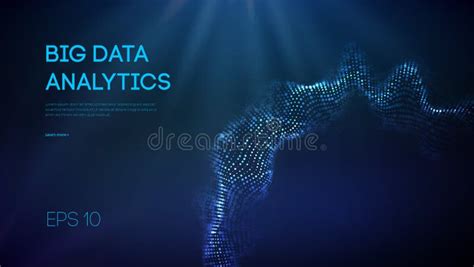 Big Data Analytics Visualization With Glowing Blue Wave Of Circular Digital Particles On Dark