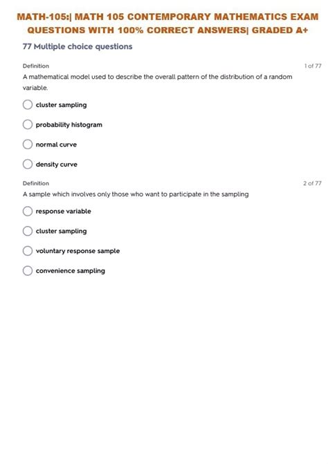 Math 105 Math 105 Contemporary Mathematics Self Test 20 Questions With 100 Correct Answers