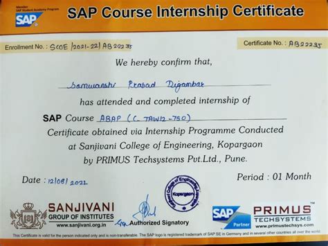 Prasad Somvanshi On Linkedin Sap Abap Internship Sanjivanicollegeofengineering Primus