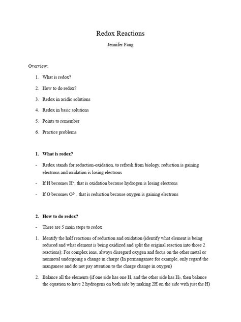 Redox Reactions Lecture Pdf Redox Chemical Reactions