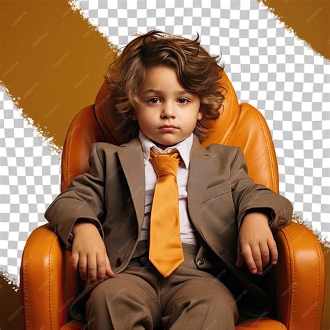 우랄 민족의 웨이비 머리카락을 가진 편안한 유치원 소년은 범죄자 의상을 입고 라이드 백 의자 ⁇ 은 스타일로 파스텔 탄저린 배경에 포즈를 취합니다 프리미엄 Psd 파일