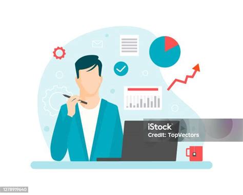 사무실 책상에서 일하는 사업가 사무실 작업장 벡터 일러스트레이션에서 노트북 컴퓨터 앞 테이블에 앉아 있는 남자 개념에 대한 스톡 벡터 아트 및 기타 이미지 Istock