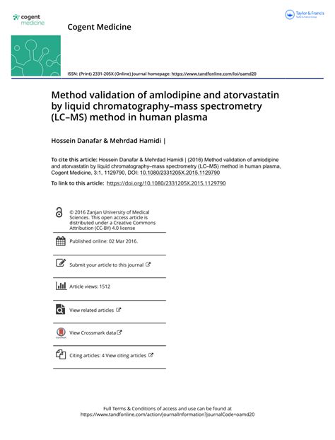 Pdf Method Validation Of Amlodipine And Atorvastatin By Liquid Chromatographymass