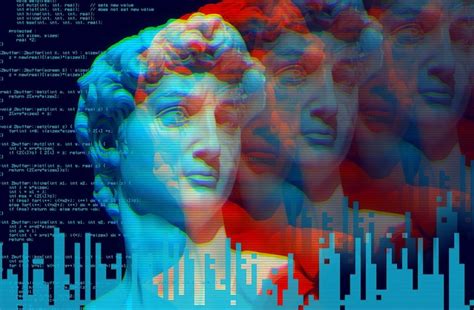 글리치 효과가 있는 골동품 조각의 3d 초상화 사이버펑크 스타일 인공 지능의 개념적 질병 가상 현실 딥 러닝 및 의심 시스템 프리미엄 사진