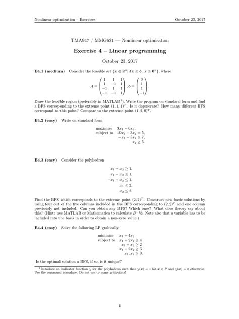Exercise 4 Linear Programming Tma947 Mmg621 Nonlinear
