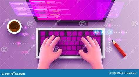 cute 3d human hands work on a computer keyboard programming and