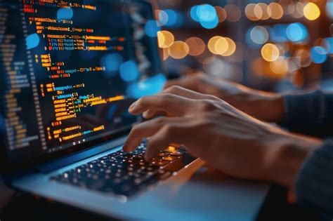 Premium Photo Programmers Hands On Keyboard Writing Source Code Screen Showing Code AI Generated