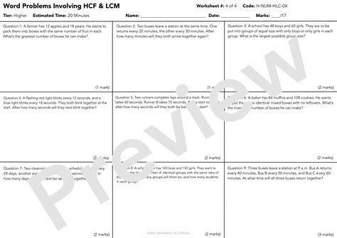 Gcse Maths Worksheet Worded Problems Involving Hcf And Lcm Higher Tier Teaching Resources