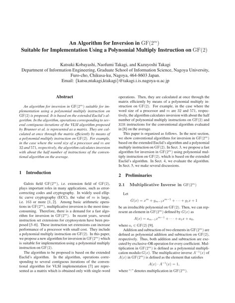 Pdf An Algorithm For Inversion In Gf2m Suitable For Implementation