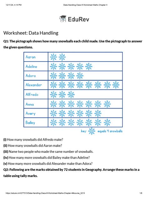 data handling class 6 worksheet maths chapter 4 pdf