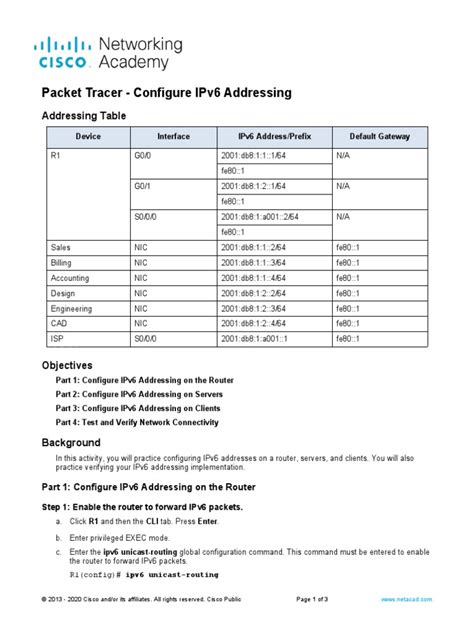 12 6 6 packet tracer configure ipv6 addressing pdf