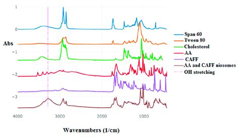The Ftir Spectrum Of Aa And Caff Niosome Tween 80 Span 60 And Aa Download Scientific