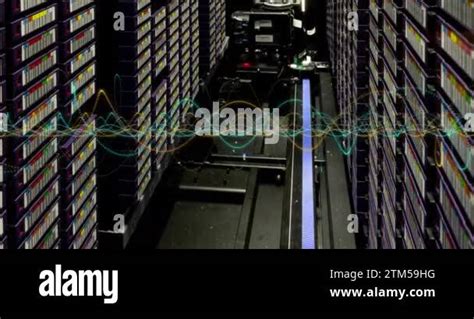 animation of multicolored graphs over data server racks in big server