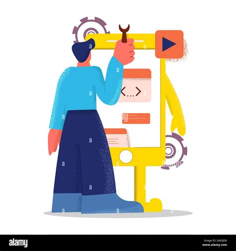 Abstract Flat Design Male Developer Create Mobile Application Vector Illustration Big Limbs