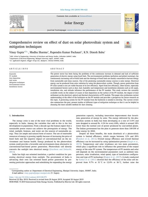 Comprehensive Review On Effect Of Dust On Solar Photovoltaic System And Mitigation Techniques
