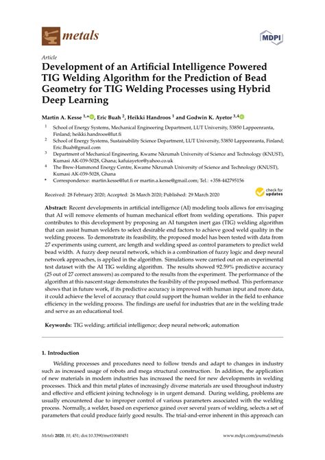 Pdf Development Of An Artificial Intelligence Powered Tig Welding Algorithm For The Prediction