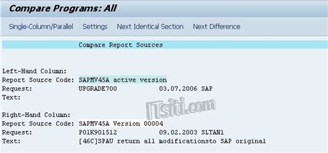 find differences in sap program object structure using version mgmt