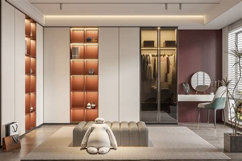 现代衣帽间、衣柜、衣服 休闲沙发 地毯，玻璃柜门、饰品、落地灯、梳妆台 室内设计 拓者设计吧