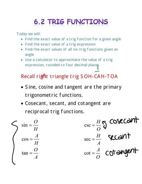 Sin Cos Tan O H A H O A H Csc O H Sec A A Cot O