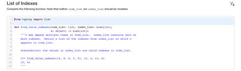 list of indexes complete the following function note