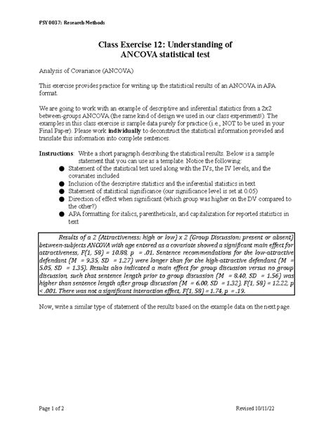 Class Exercise PSY Research Methods Class Exercise