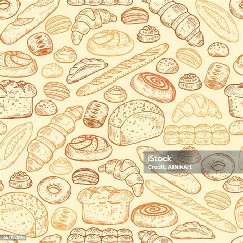 손으로 그린 베이커리 제품과 달콤한 파이 빵 완벽 한 패턴입니다 벡터 일러스트 레이 션 개체 그룹에 대한 스톡 벡터 아트 및 기타 이미지 개체 그룹 곡초류 낙서