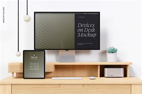 책상 모형 전면 보기에 컴퓨터 및 태블릿 프리미엄 Psd 파일