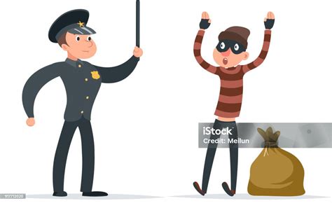 잡힌 도둑 항복 전리품 경찰관 캐릭터 만화 디자인 벡터 일러스트 레이 션 감시에 대한 스톡 벡터 아트 및 기타 이미지 감시 강도 개념 Istock