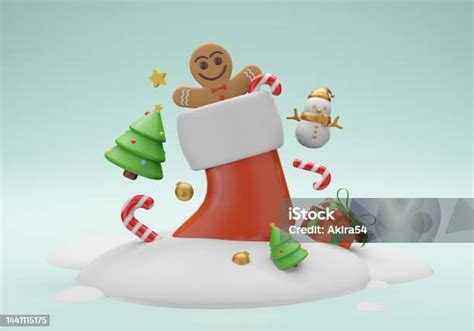 3d 그림 작은 진저 브레드 남자와 큰 빨간 양말과 크리스마스 양말에 대한 스톡 벡터 아트 및 기타 이미지 양말 크리스마스